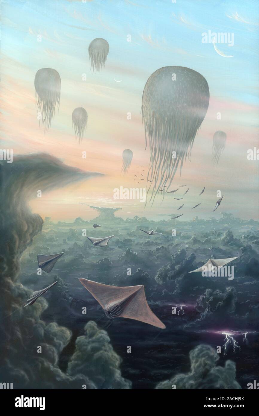 Alien life-forms. Artwork of jellyfish-like and glider-like creatures ...