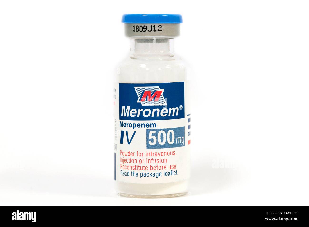 Meropenem antibiotic drug. Phial of meropenem (marketed as Meronem ...