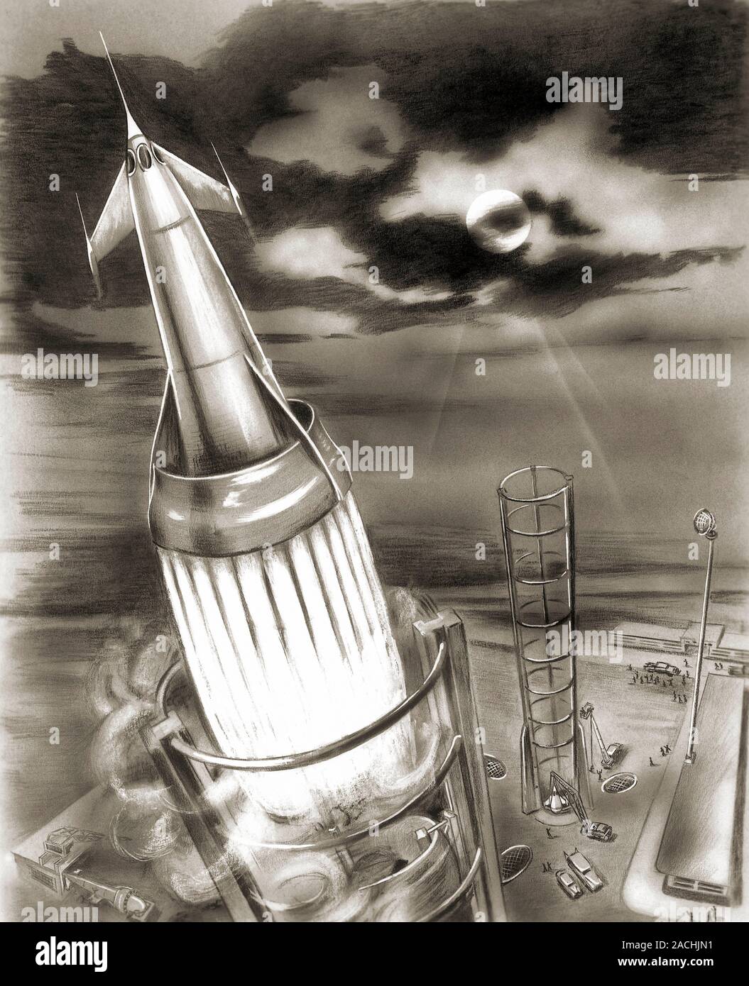 Moon rocket launch. Artwork published in Germany in the 1950s, showing ...
