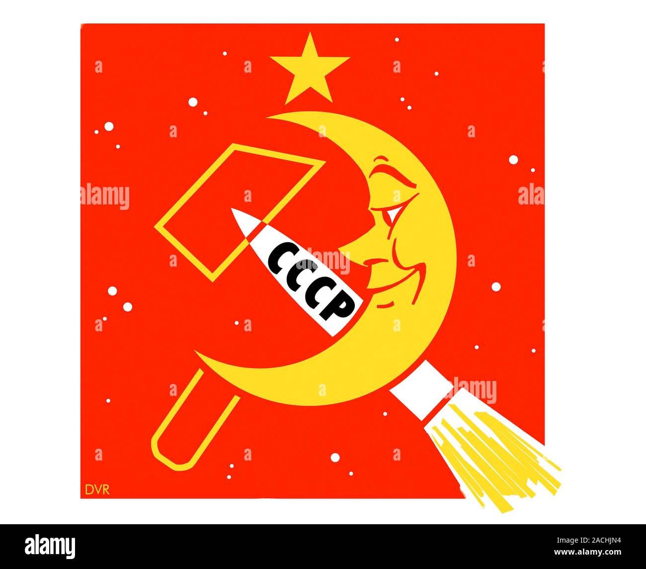 Soviet Moon exploration. Cartoon showing a rocket and a crescent Moon ...