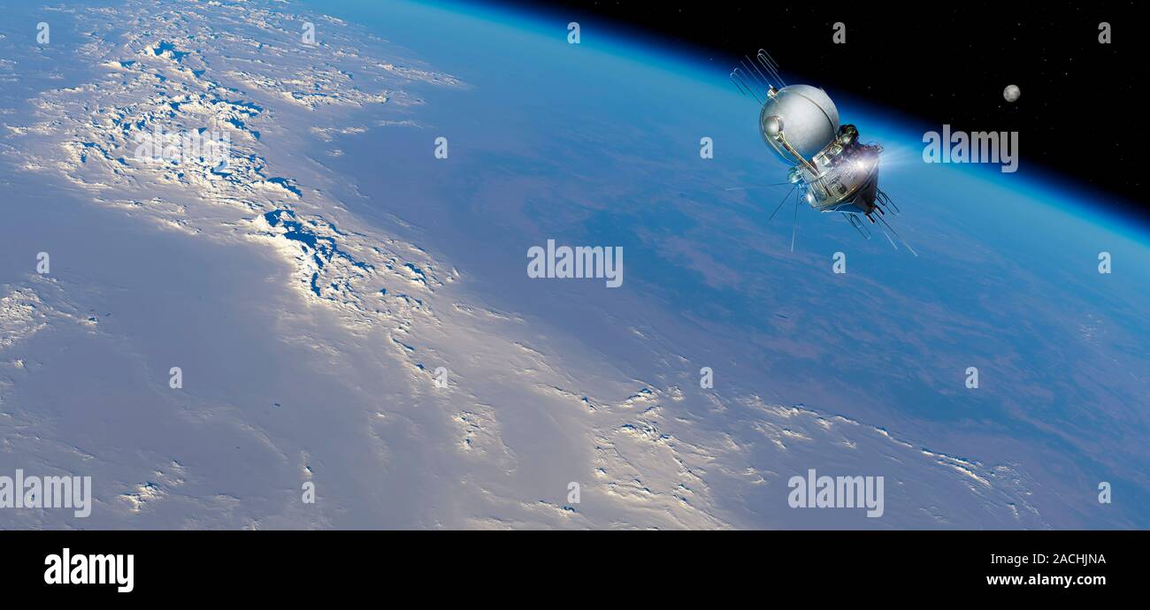 Vostok 1 orbiting the Earth. Artwork of the Vostok 1 spacecraft ...