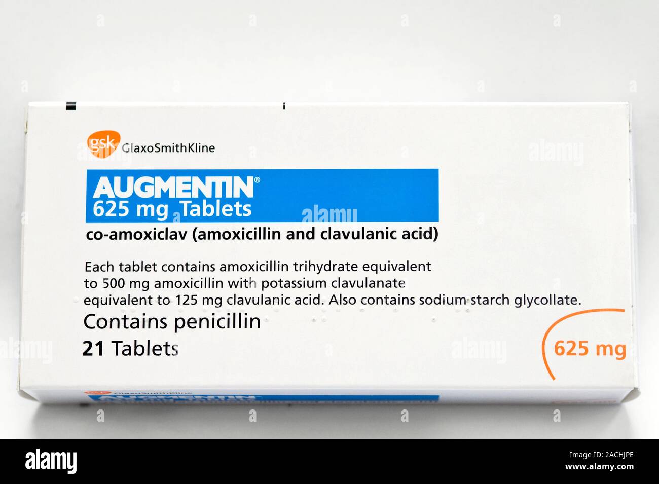 Augmentin antibiotic drug. Packet of 21 tablets of a 500/125mg ratio of ...