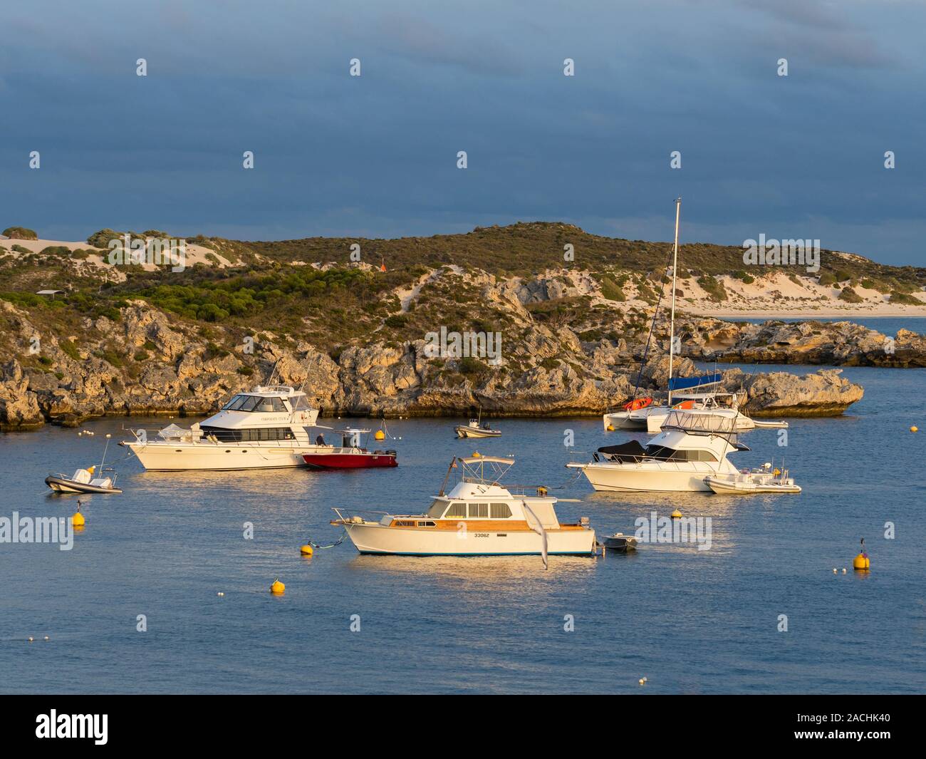 Sunrise on boats at Geordie Bay, Rottnest Island, near Perth in Western ...