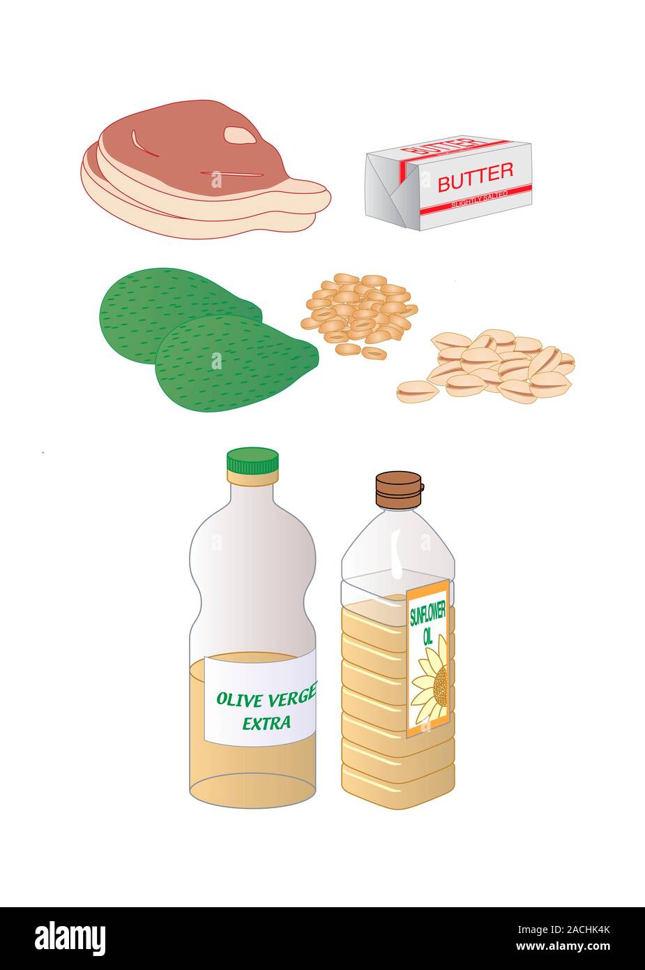 Dietary sources of fat. Artwork showing sources of animal fat (top ...