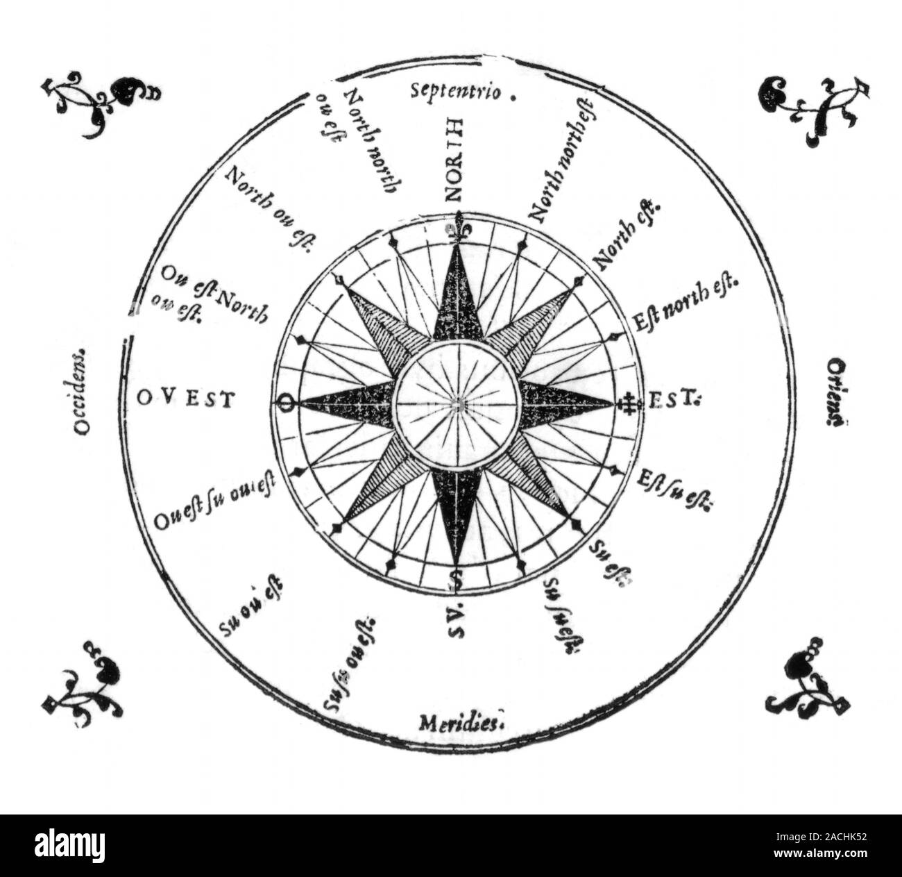 Compass rose, 16th century artwork. The text labels are in Latin and ...