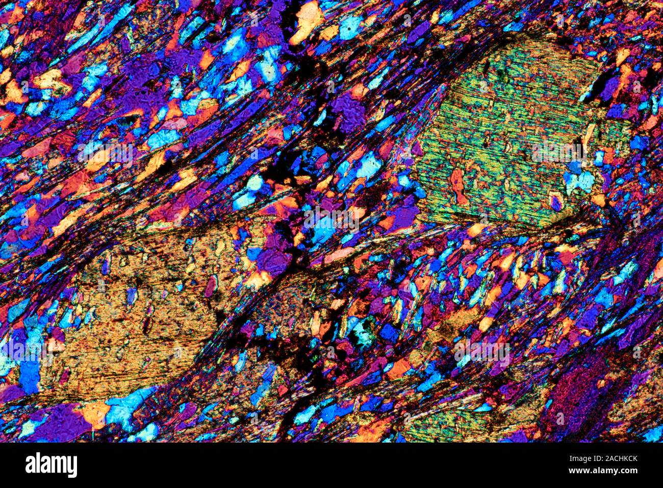 Polarised light micrograph of a thin section of mica schist, a type of ...