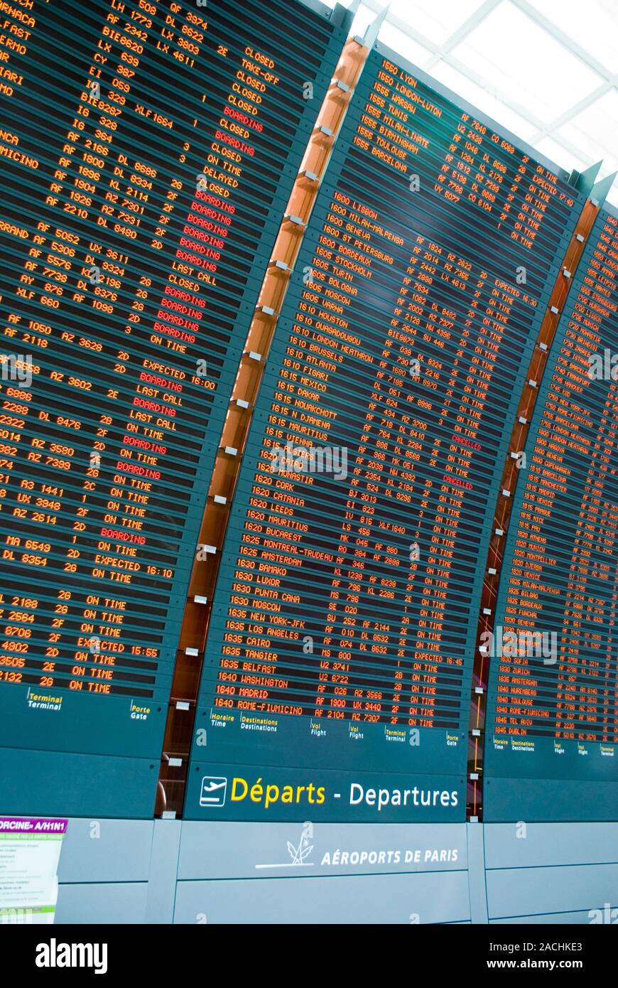 Departure board at Paris Charles de Gaulle airport. Photographed in ...