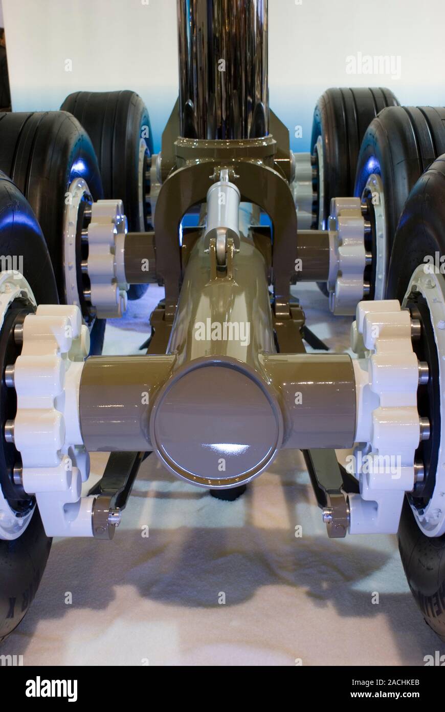 Passenger aircraft undercarriage showing six wheels and multiple-piston ...