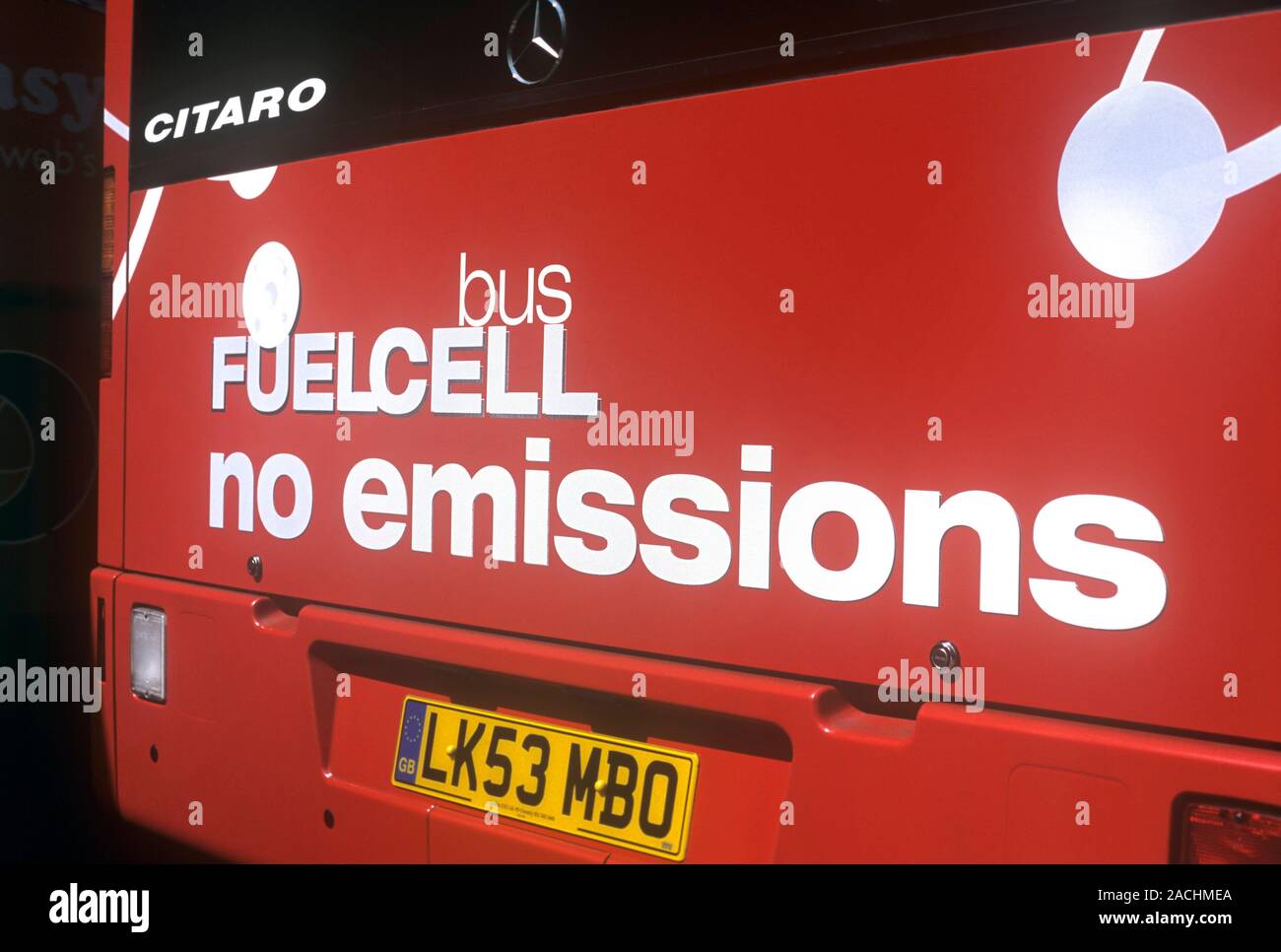 Hydrogen-powered bus. Slogan on the back of a bus that is powered by a ...