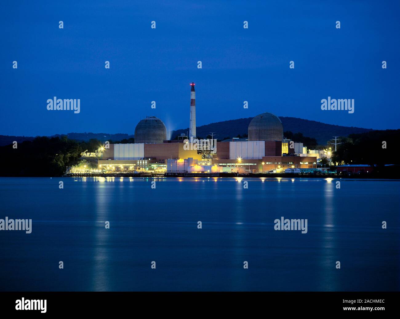 Indian Point nuclear power station at night, seen from across the ...