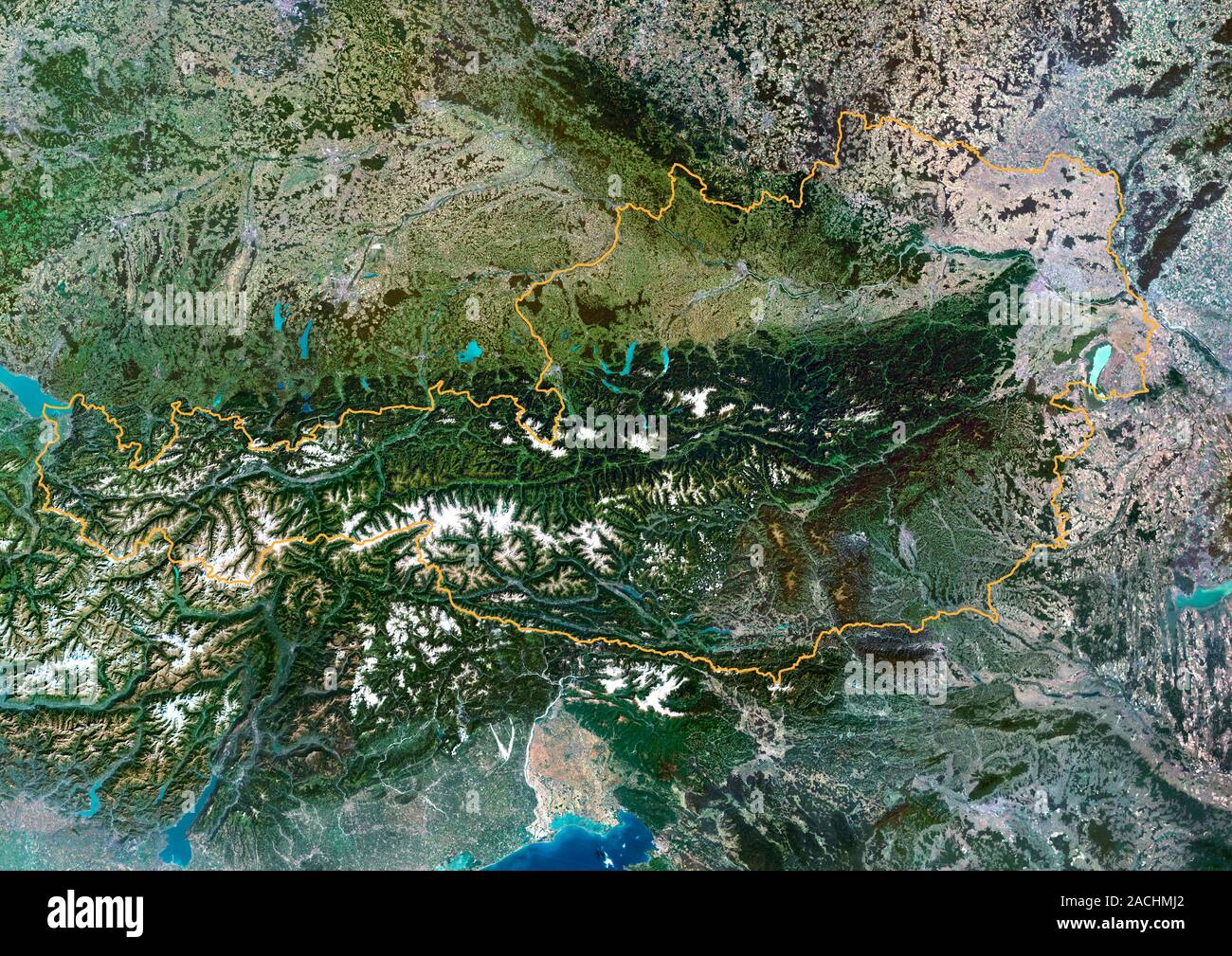 Austria. Satellite image of Austria (border shown in yellow), a ...