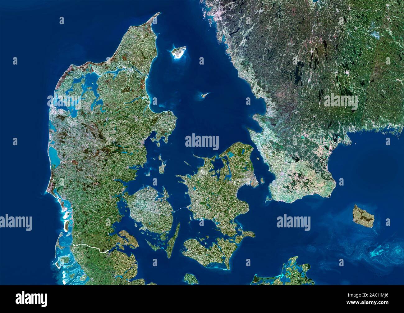 Denmark, satellite image. North is at top. Denmark is composed of a ...