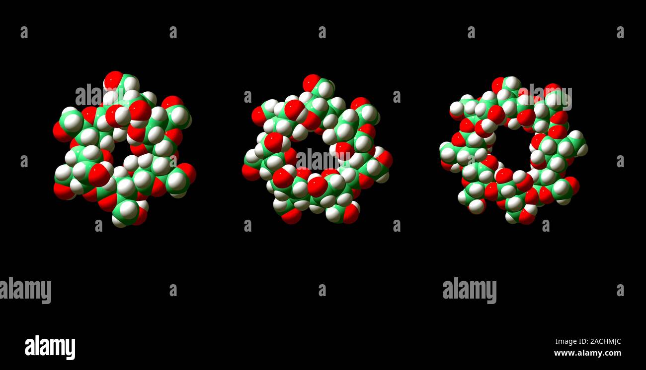 Cyclodextrins. Molecular models of alpha- (left), beta- (centre) and ...