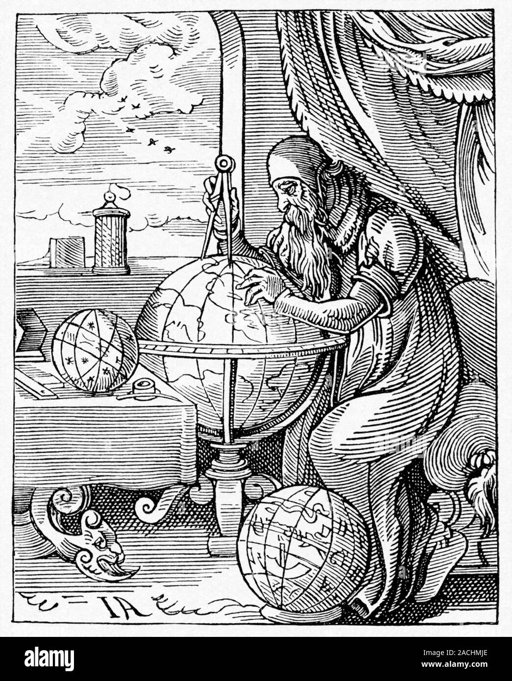 Medieval geographer. Artwork of a 15th century geographer using a pair ...