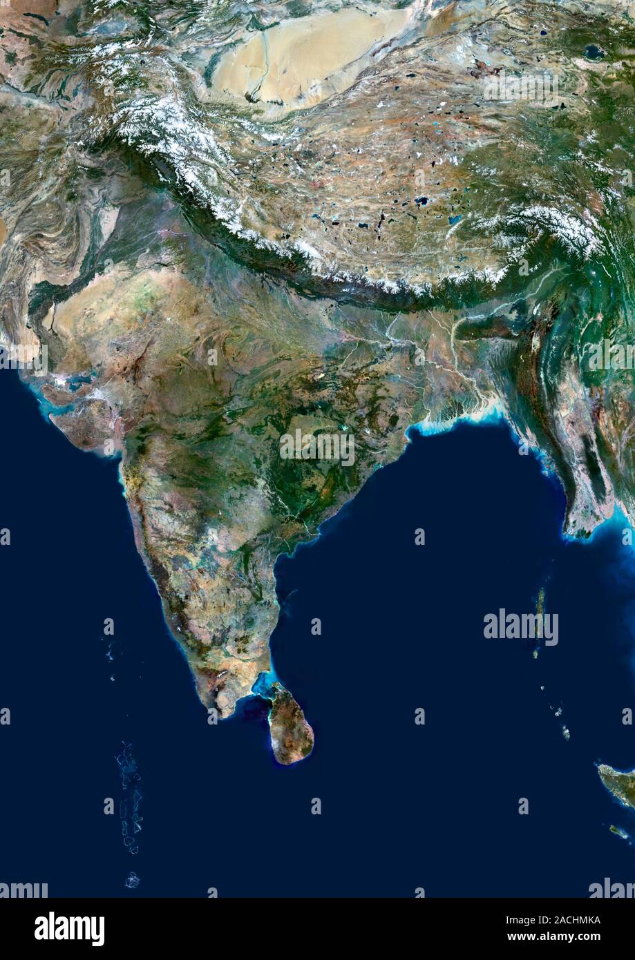 India, satellite image. North is at top. India is bordered by Pakistan ...