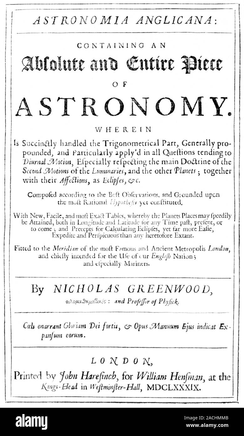 Greenwood's Astronomia Anglicana. Title page to Astronomia Anglicana ...