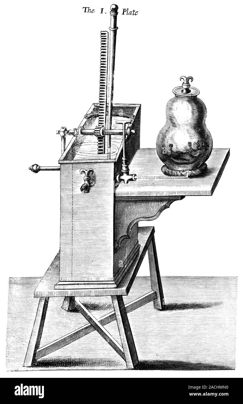 Boyle's experiments on air. Artwork of the apparatus for an experiment ...
