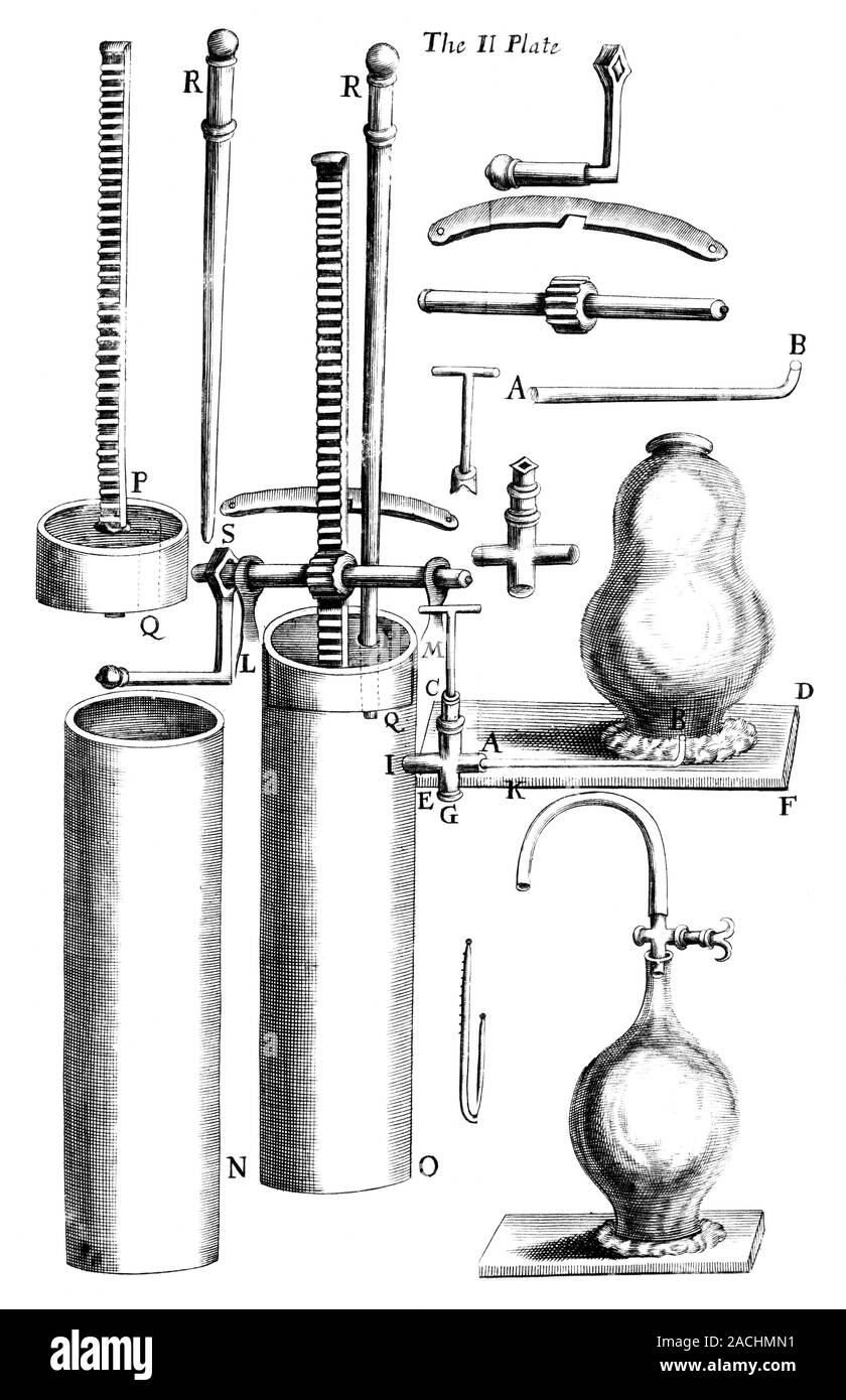 Boyle's experiments on air. Artwork of the apparatus for an experiment ...