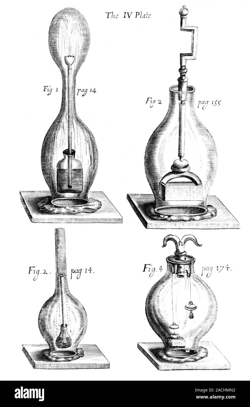 Boyle's experiments on air. Artwork of the apparatus for experiments on ...