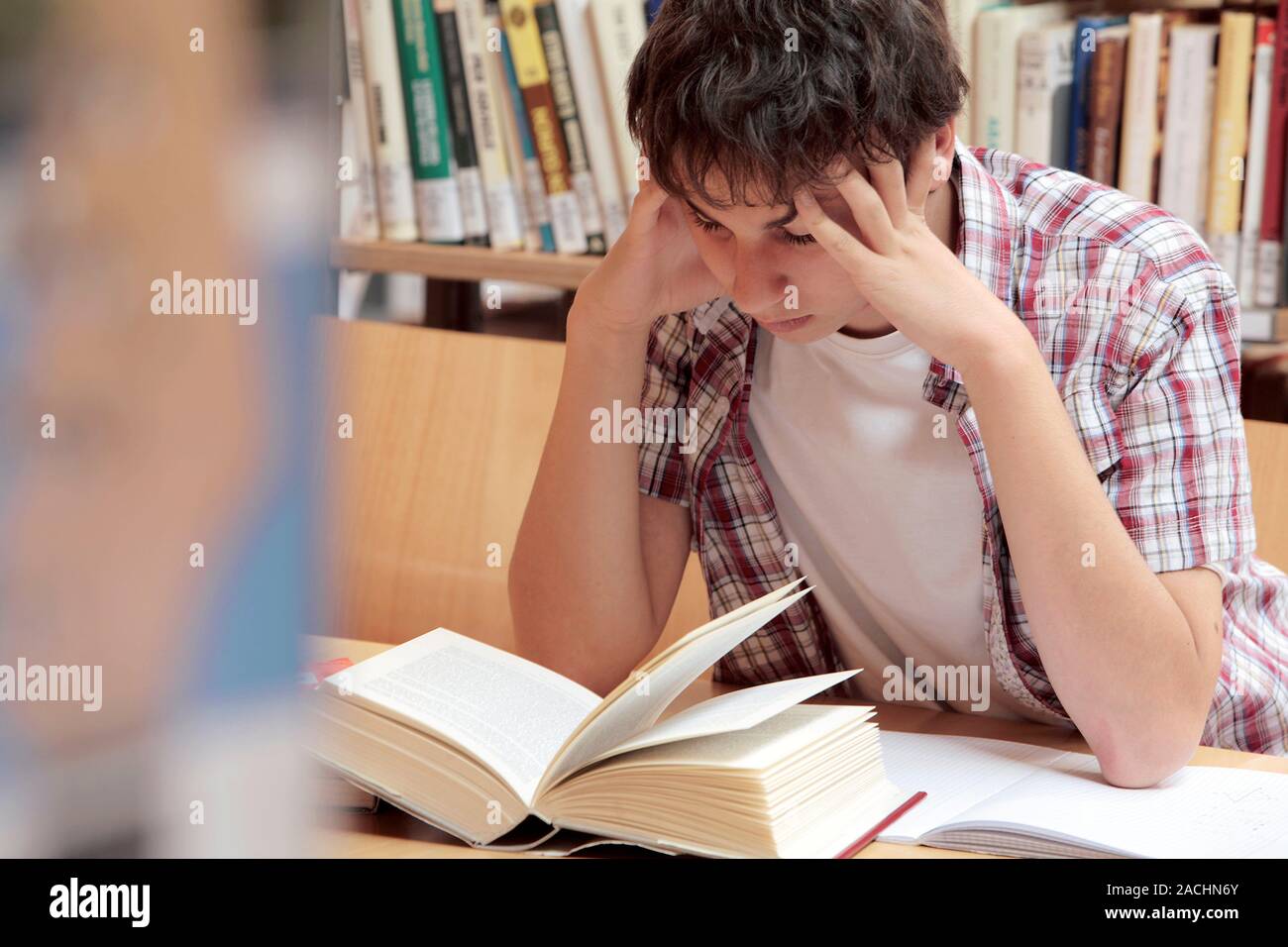 Library. Young man studying in a library Stock Photo - Alamy