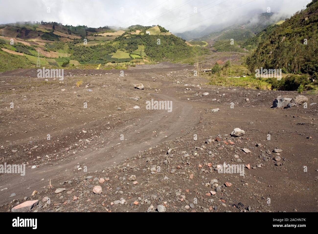 Lahar deposits leading down the slope away from the Tunguragua volcano ...