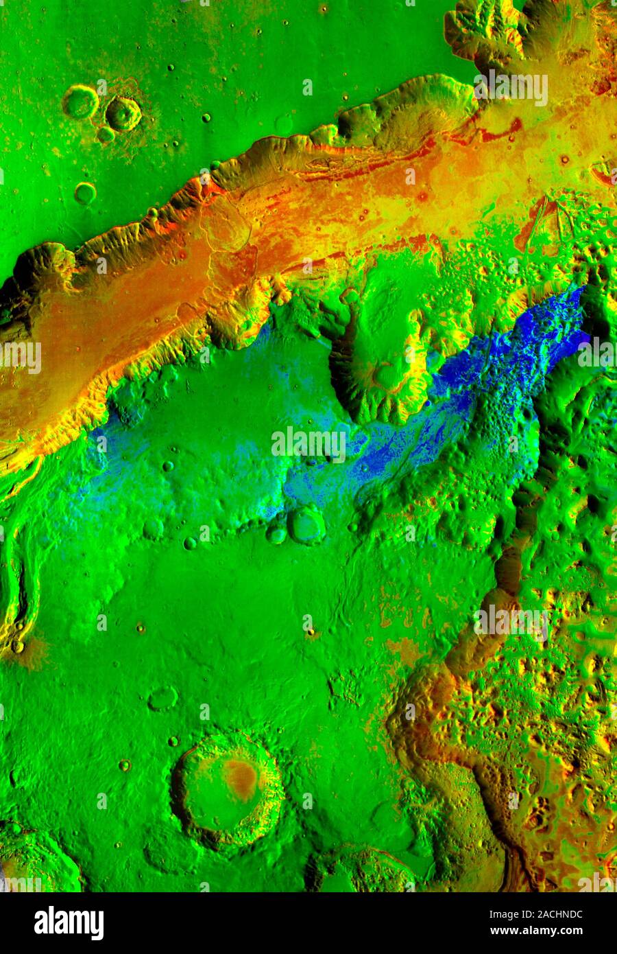 Martian landslides. Coloured satellite image of landslides (right ...