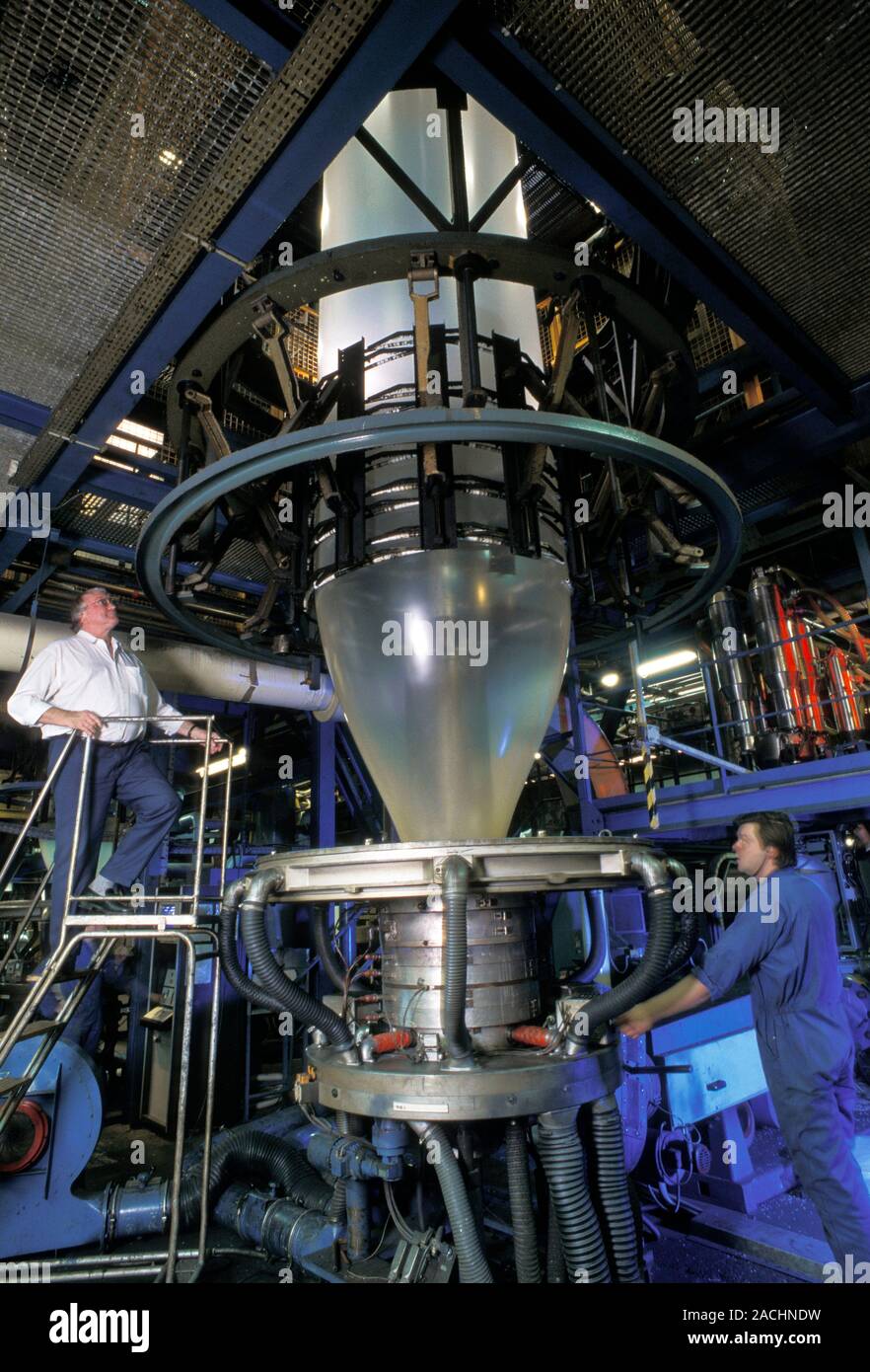 Plastic film production. Large-scale extrusion machine used to make ...