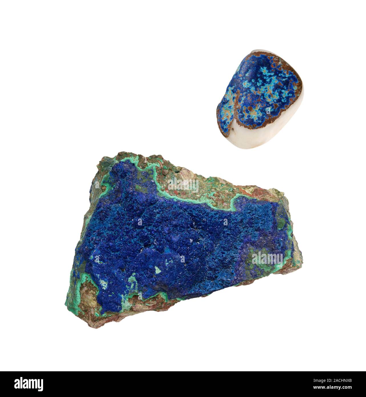 Azurite crystals. The specimen at top right is polished, the specimen ...