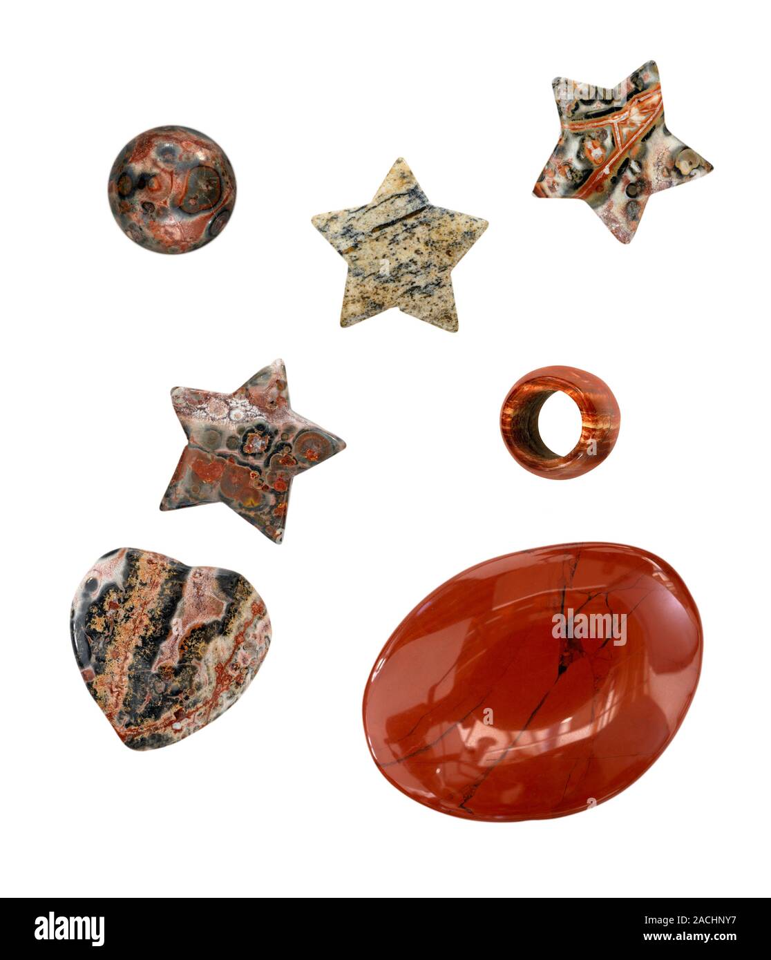 Cut and polished jasper in various shapes. Jasper is an opaque variety ...