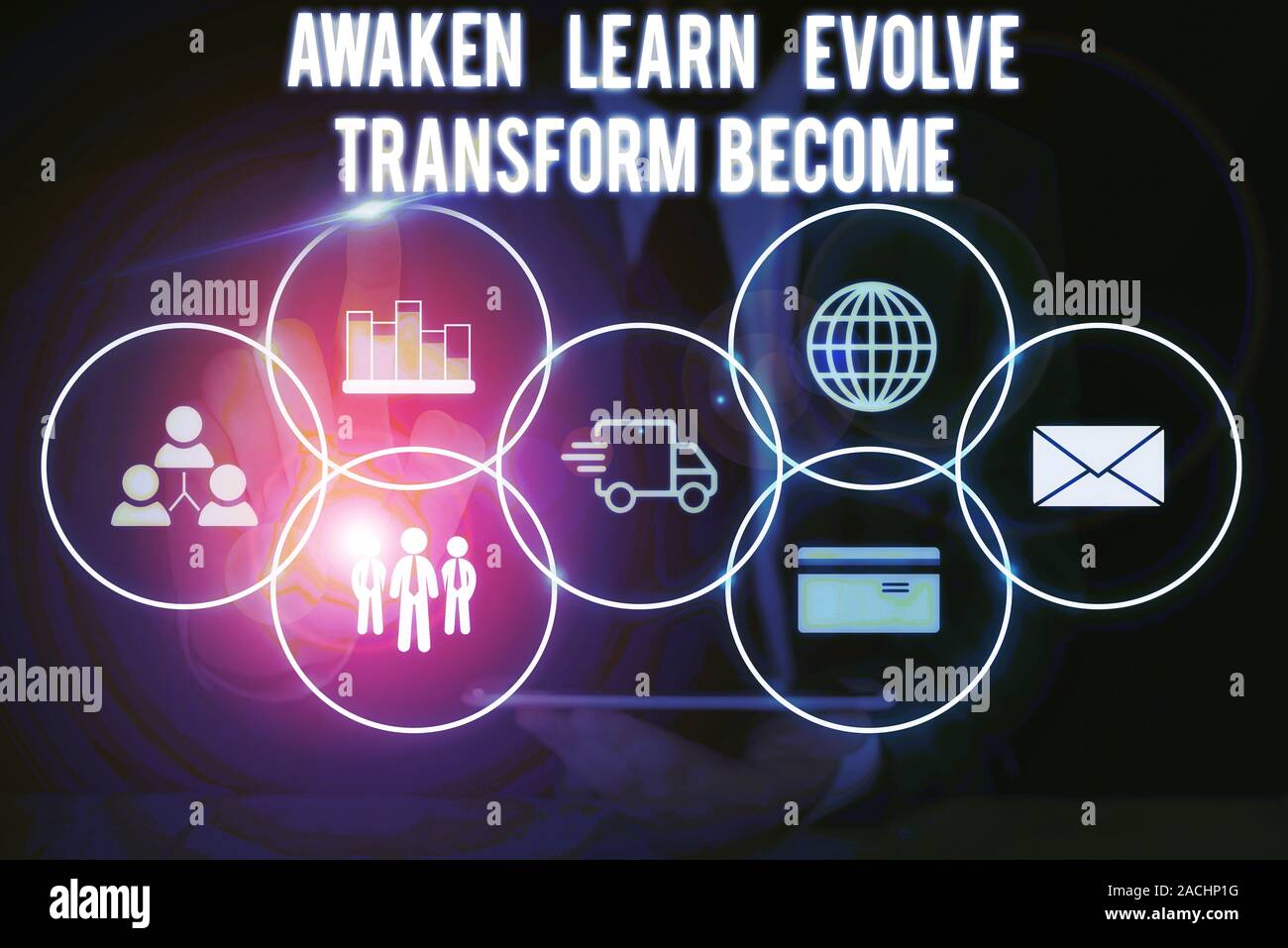 Conceptual hand writing showing Awaken Learn Evolve Transform Become ...