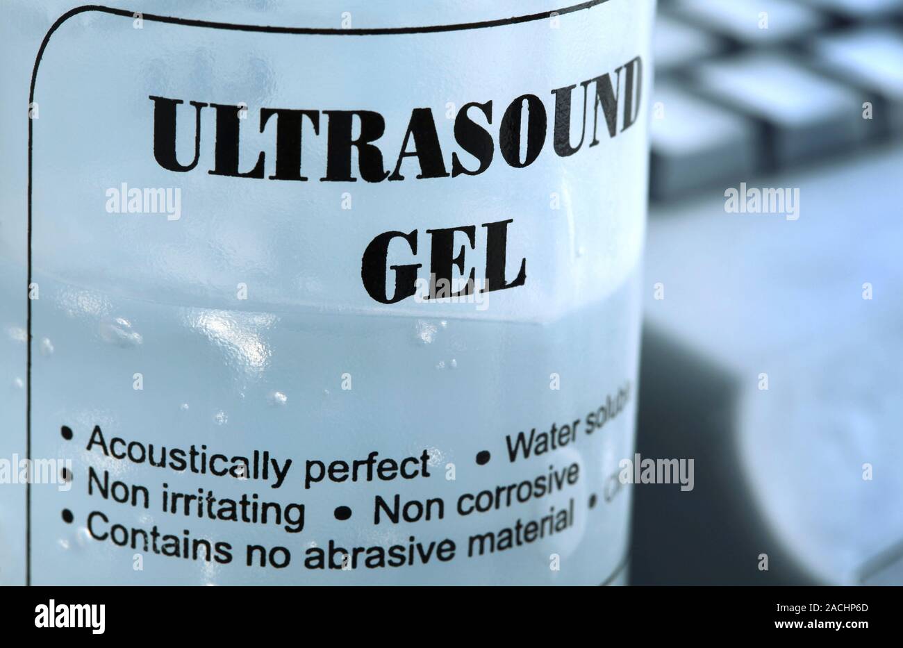 Ultrasound gel. Close-up of the labelling on a bottle of the gel used ...