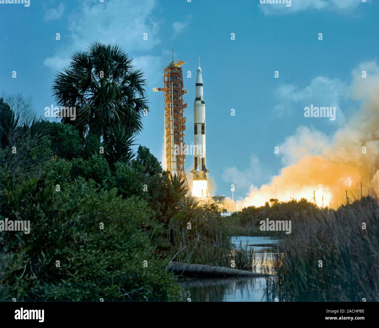 Apollo 16 rocket launch. Saturn 5 rocket launching the Apollo 16 mission into space from Launch ...