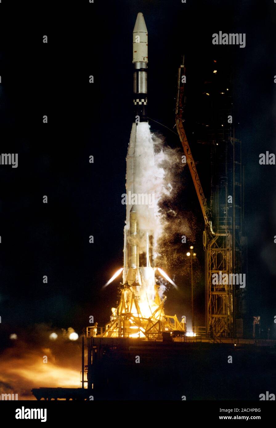Ranger 1 rocket launch. Atlas-Agena rocket launching the Ranger 1 ...