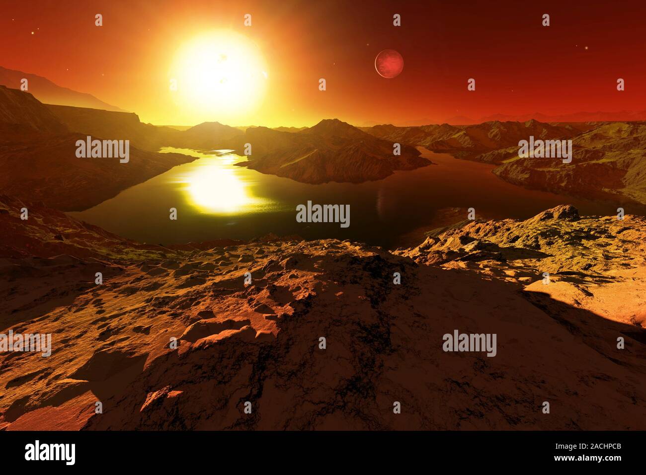 Alien landscape. Artwork of the view from the surface of an extrasolar ...