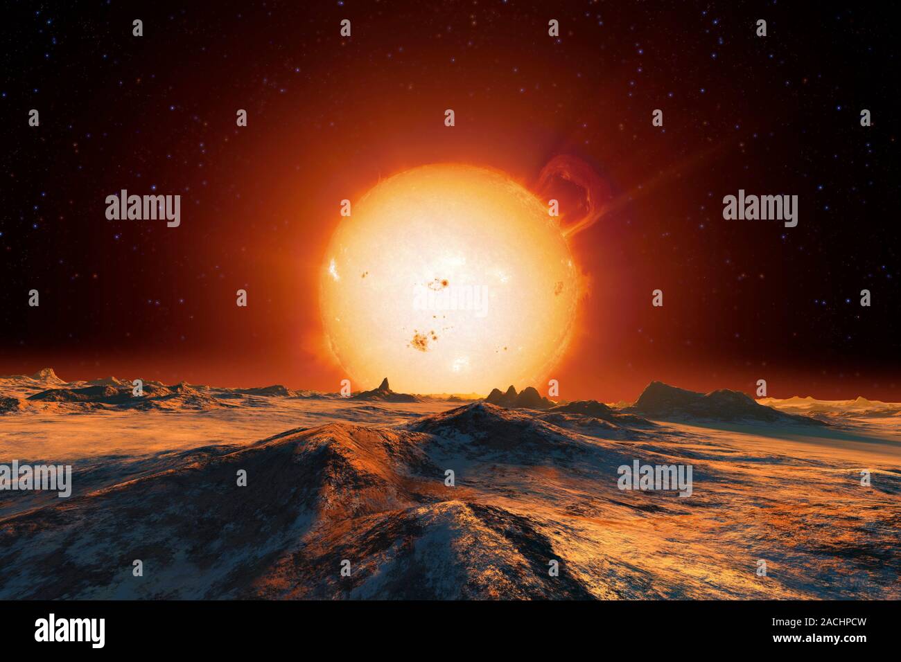 Alien landscape. Artwork of a view from above a rocky moon or planet ...