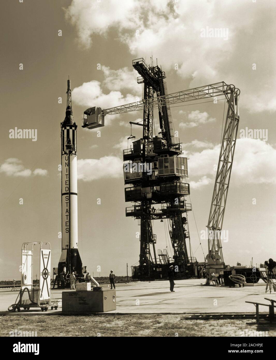 First US manned space flight, 1961. Redstone rocket being prepared to ...