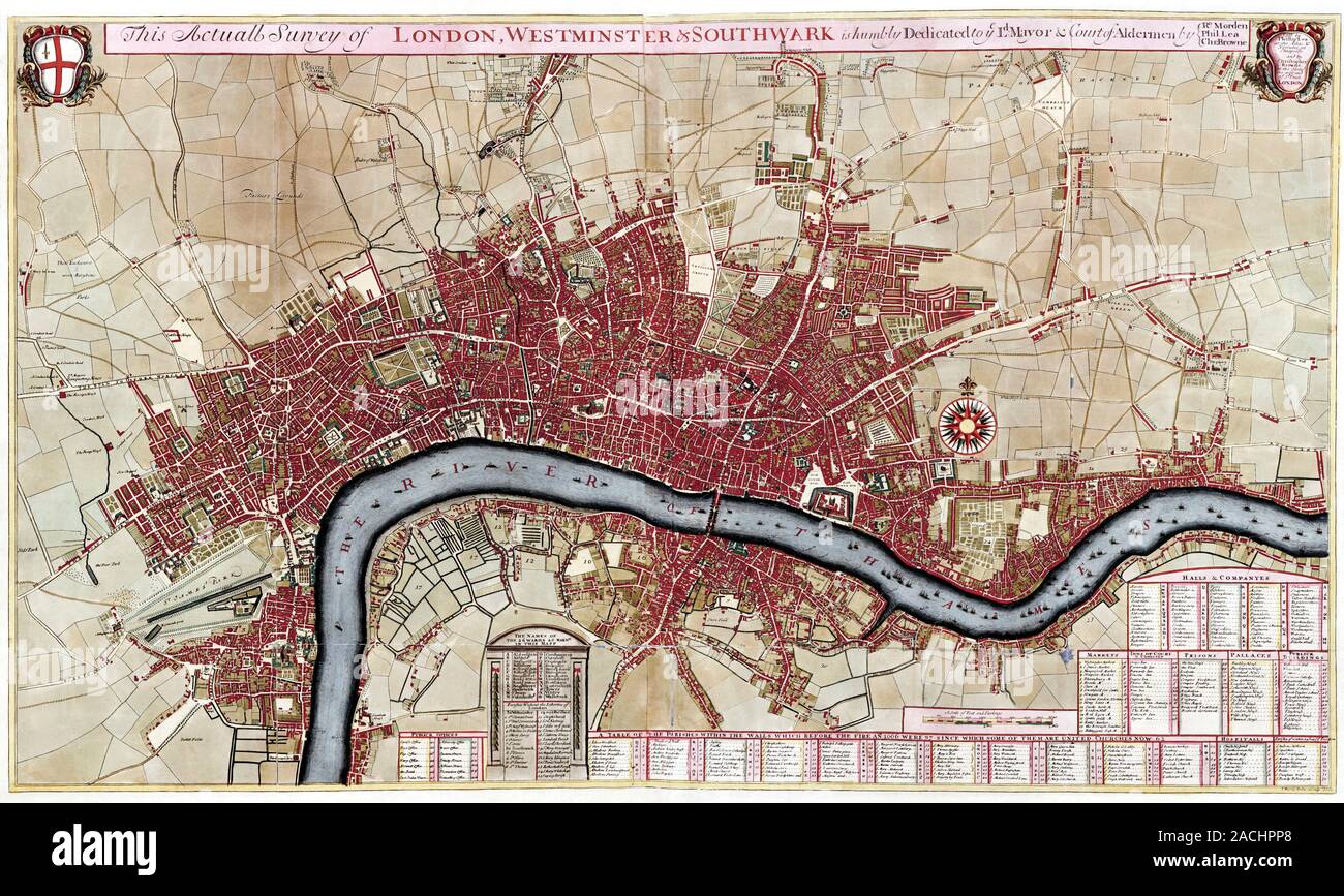18th Century map of London. Hand coloured historical map of London ...