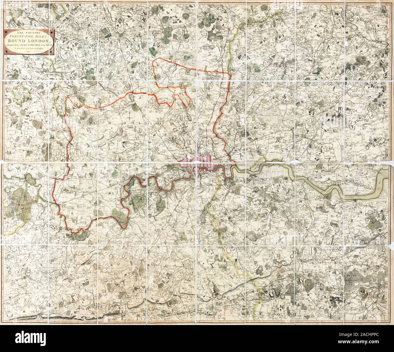 18th Century map of London. Hand coloured historical map showing an ...