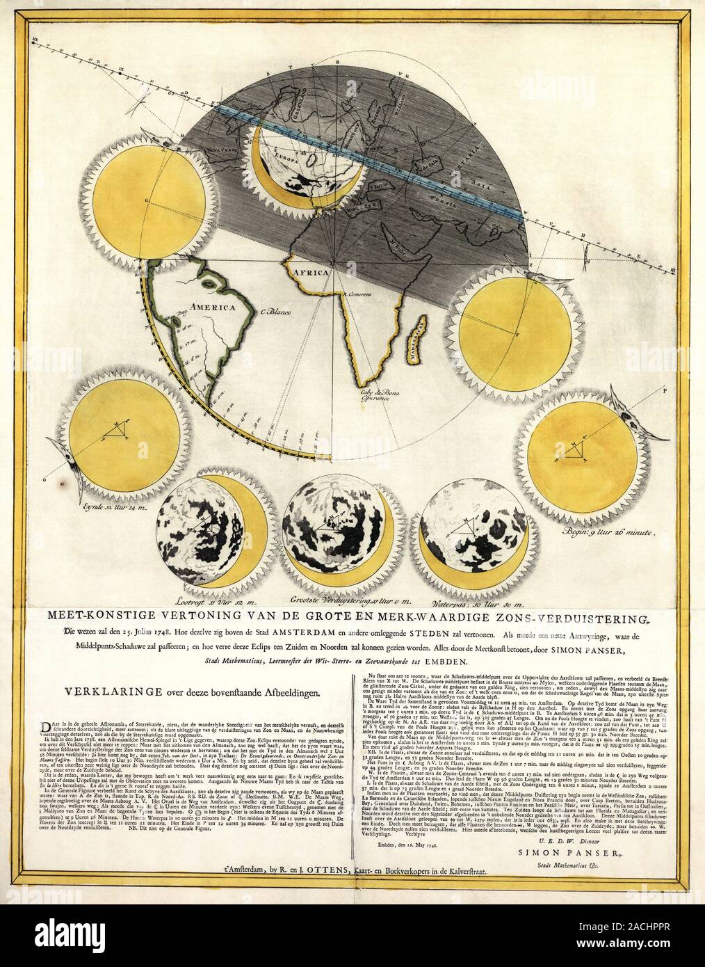 Historical artwork of a solar eclipse. 18th Century Dutch illustration ...