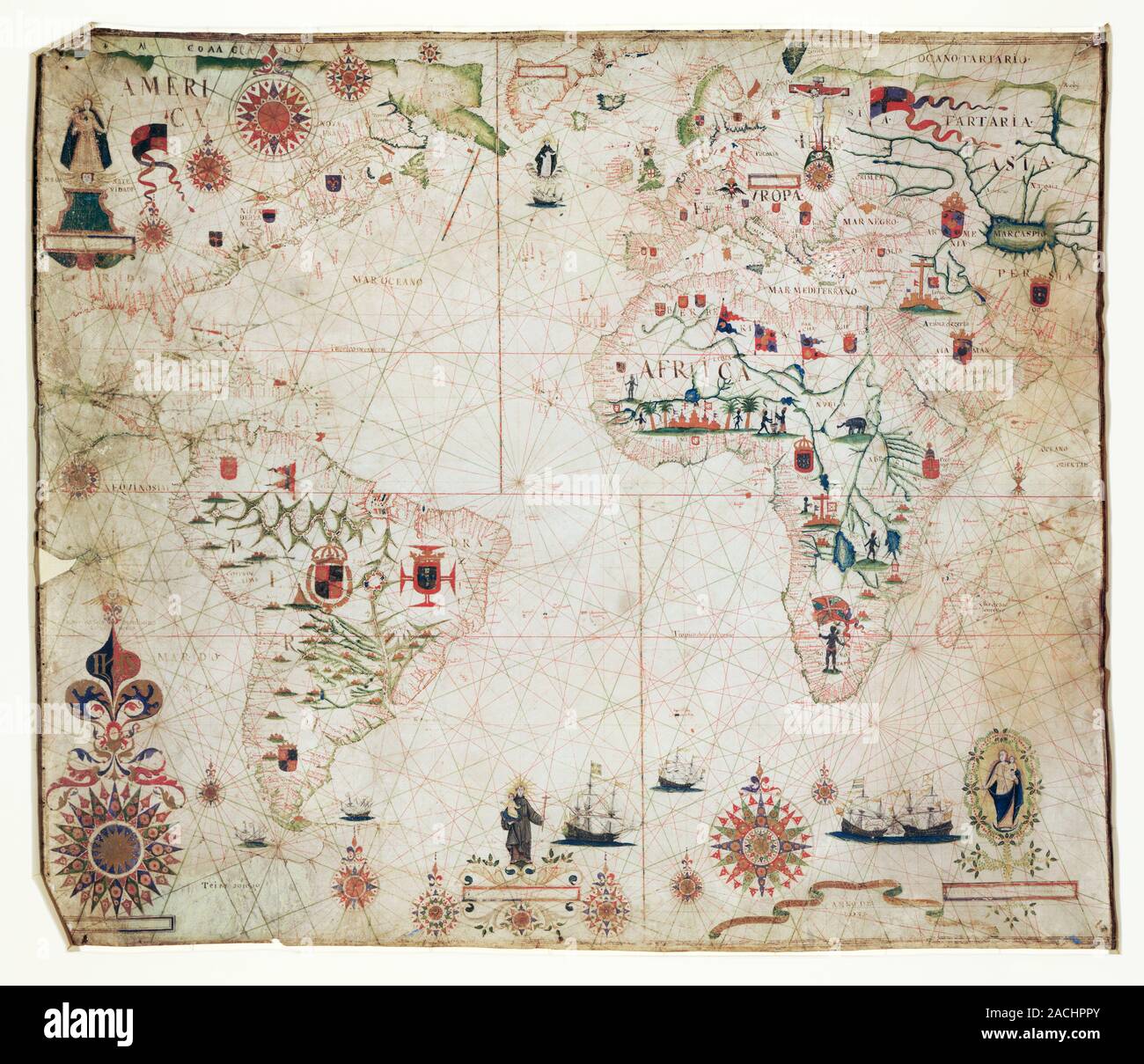 17th Century nautical map of the Atlantic Ocean. Historical portolan ...