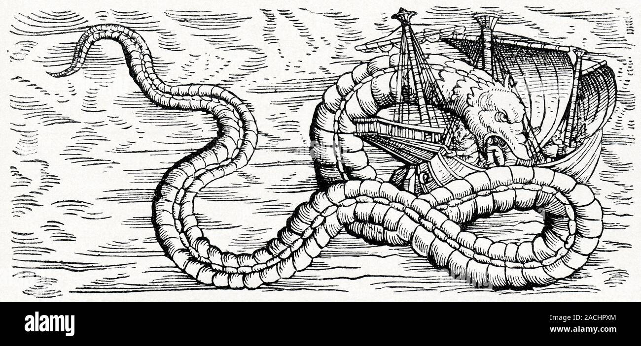 16th Century German woodcut print. Historical print of a mythical sea ...