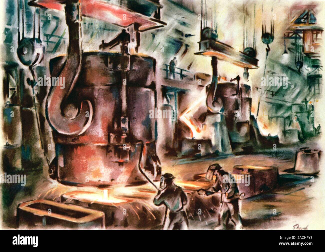 Oberhausen steelworks. Early 20th Century artwork of men at the steel ...