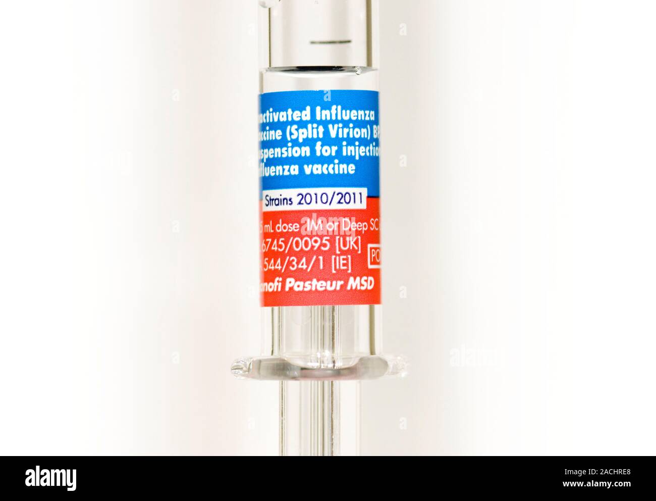 Seasonal flu vaccine. Syringe containing the 2010/2011 seasonal ...