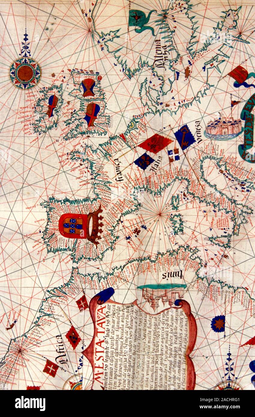 Portuguese sea chart. 16th century nautical chart of the coastlines of ...