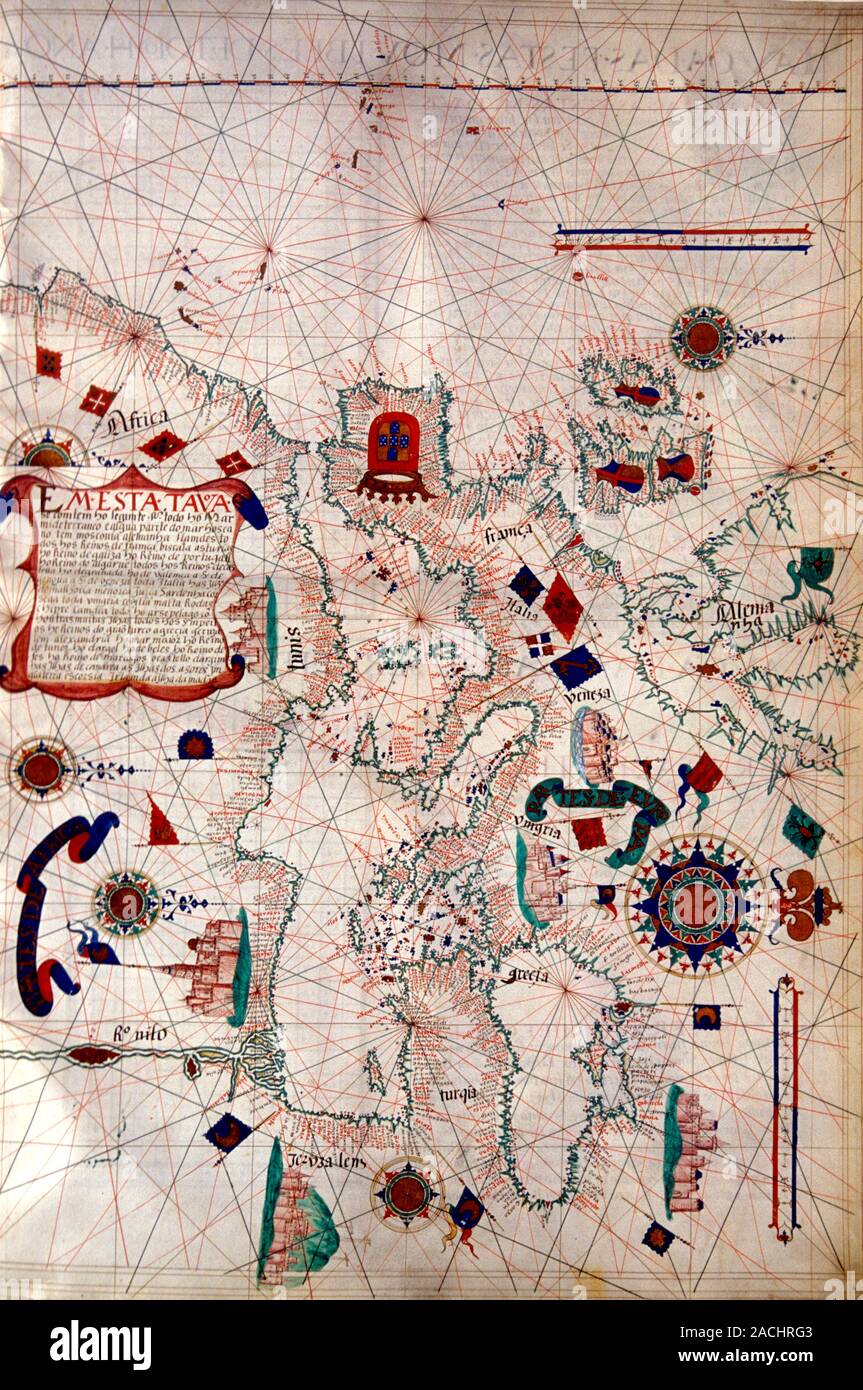 Portuguese sea chart. 16th century nautical chart of the coastlines of ...