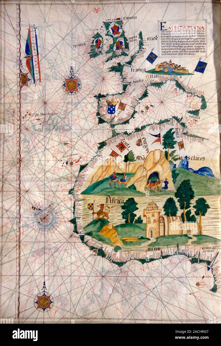Portuguese sea chart. 16th century nautical chart of the coastlines of ...