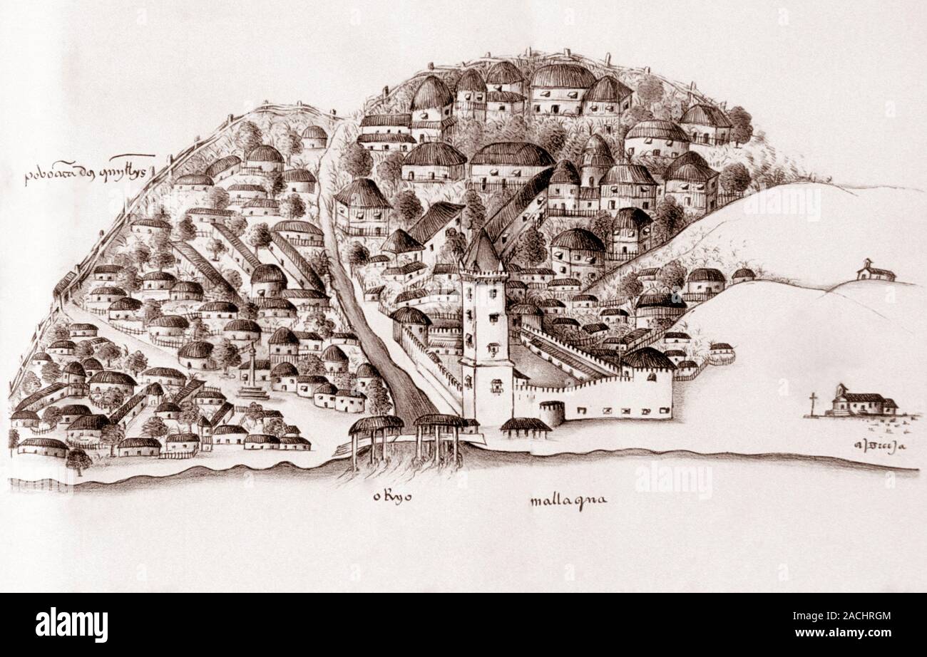 Portuguese outpost, Malacca, 16th century. Historical artwork of the ...
