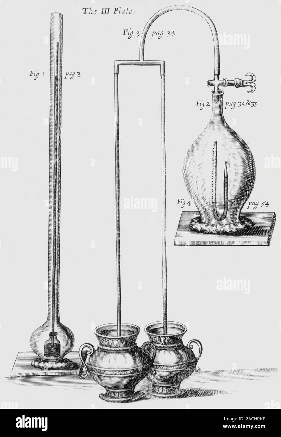 Boyle's experiments on air. Artwork of the apparatus for experiments on ...