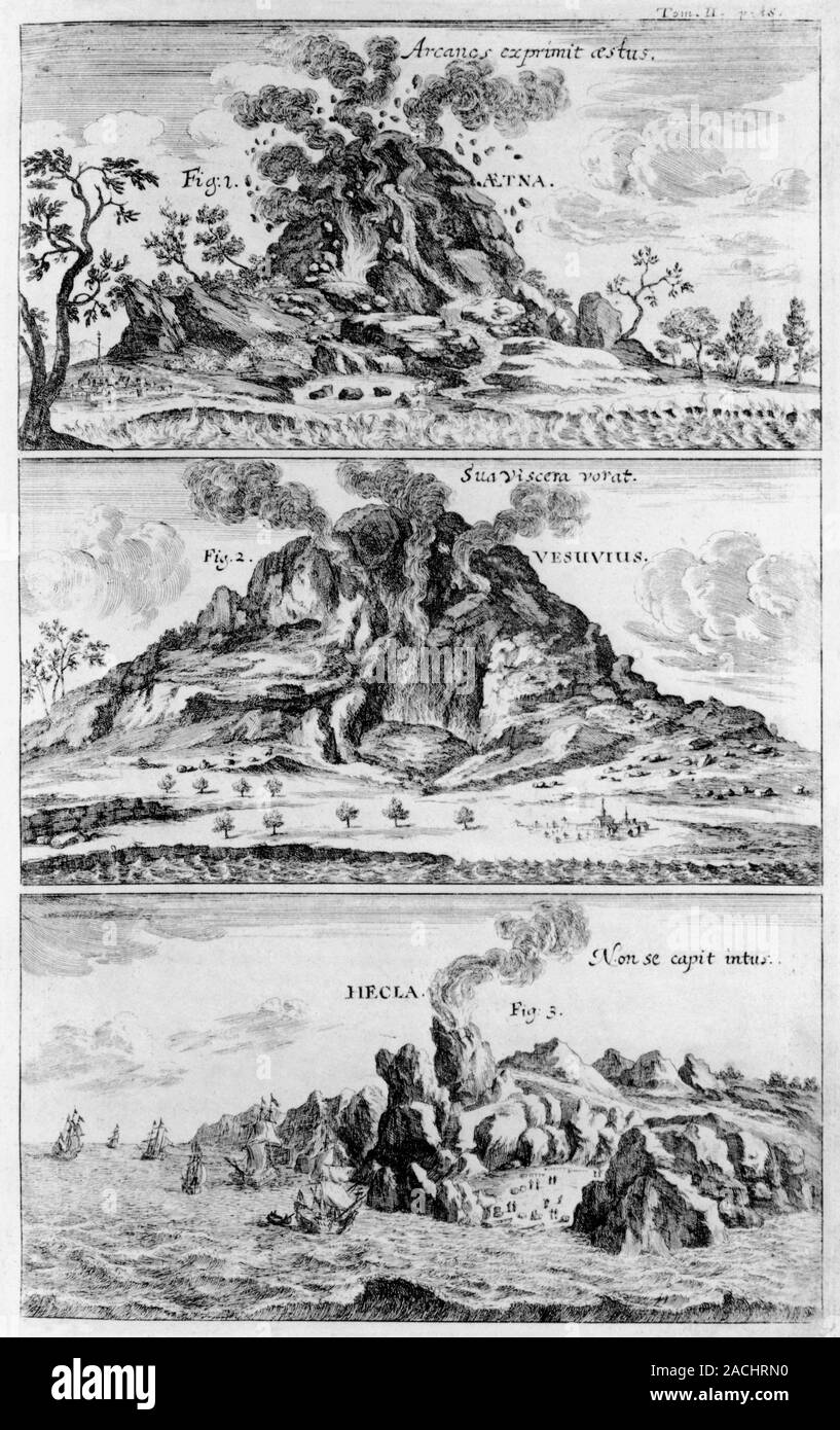 Three volcanoes erupting, artwork published in Specula Physico ...