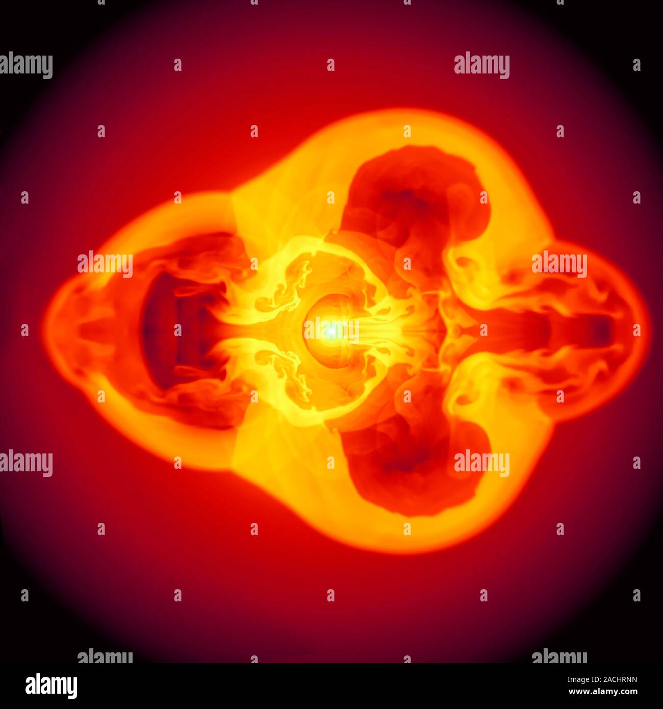 Supernova explosion. Computer simulation showing the gas velocities of ...